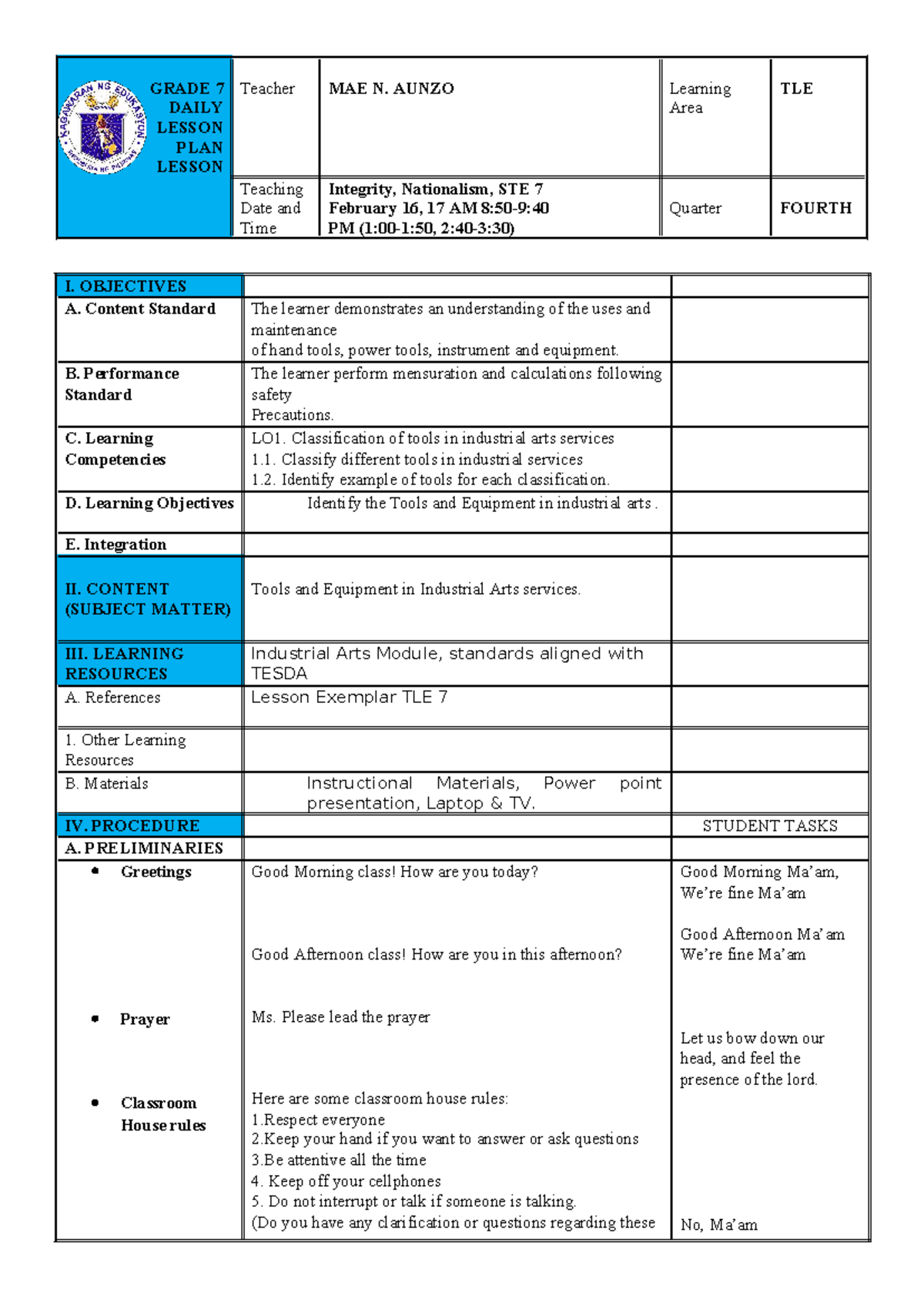 GRADE 7 TLE 4th Quarter Lesson Plan: Tools and Equipment - Studocu