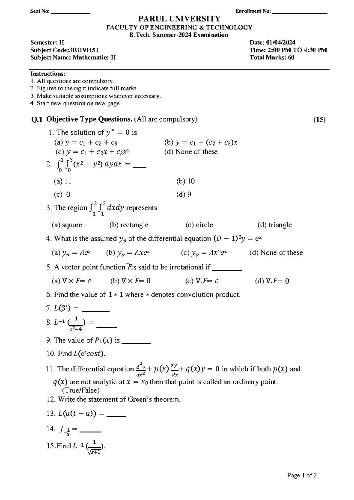 B.Tech Mathematics-II (303191151) Summer 2024 Question Paper - Studocu