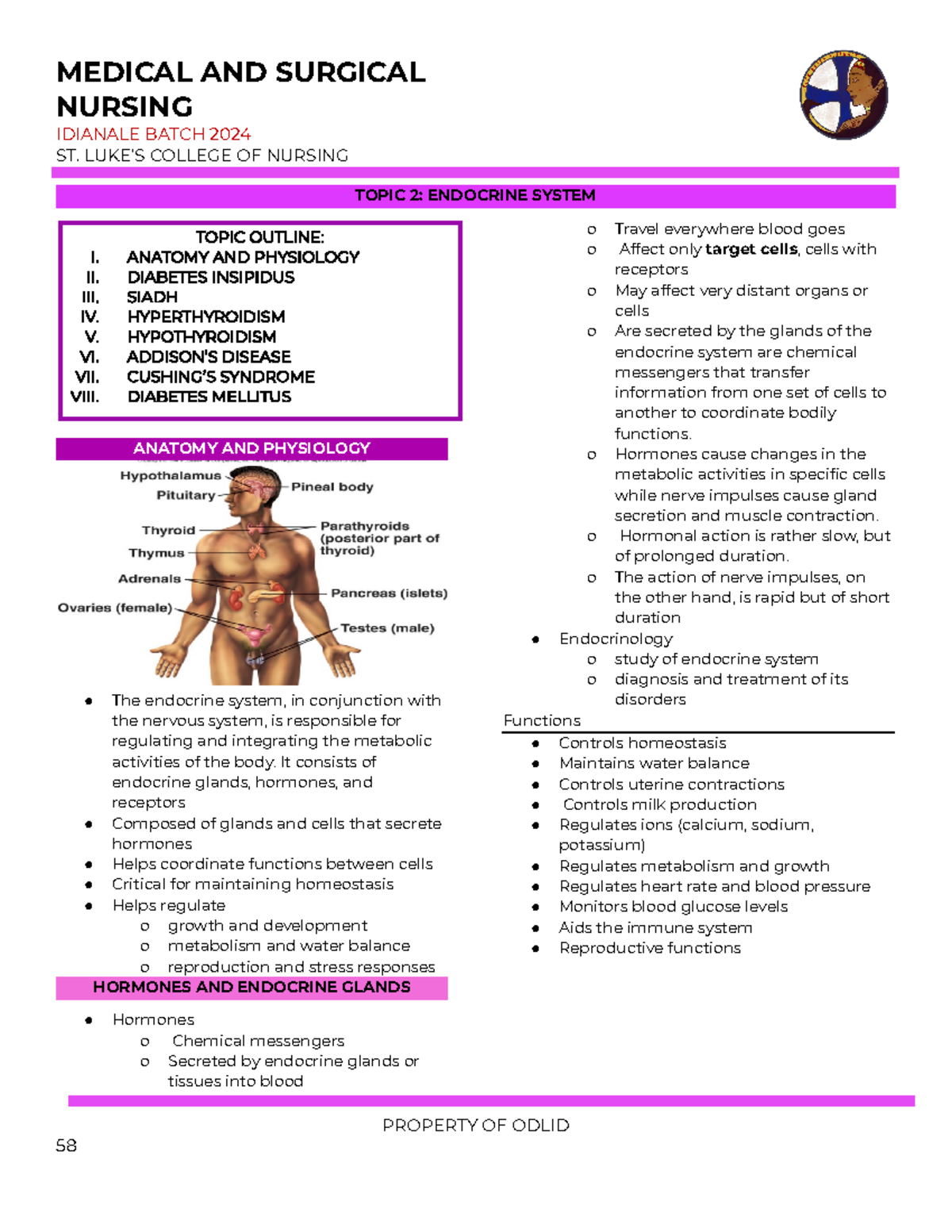 02 Endocrine Nursing - Endo notes - NURSING IDIANALE BATCH 2024 ST ...