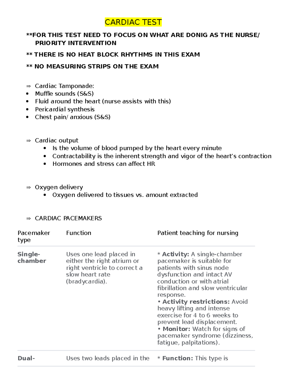 CARDIAC TEST Study Guide: Key Interventions & Concepts - Studocu