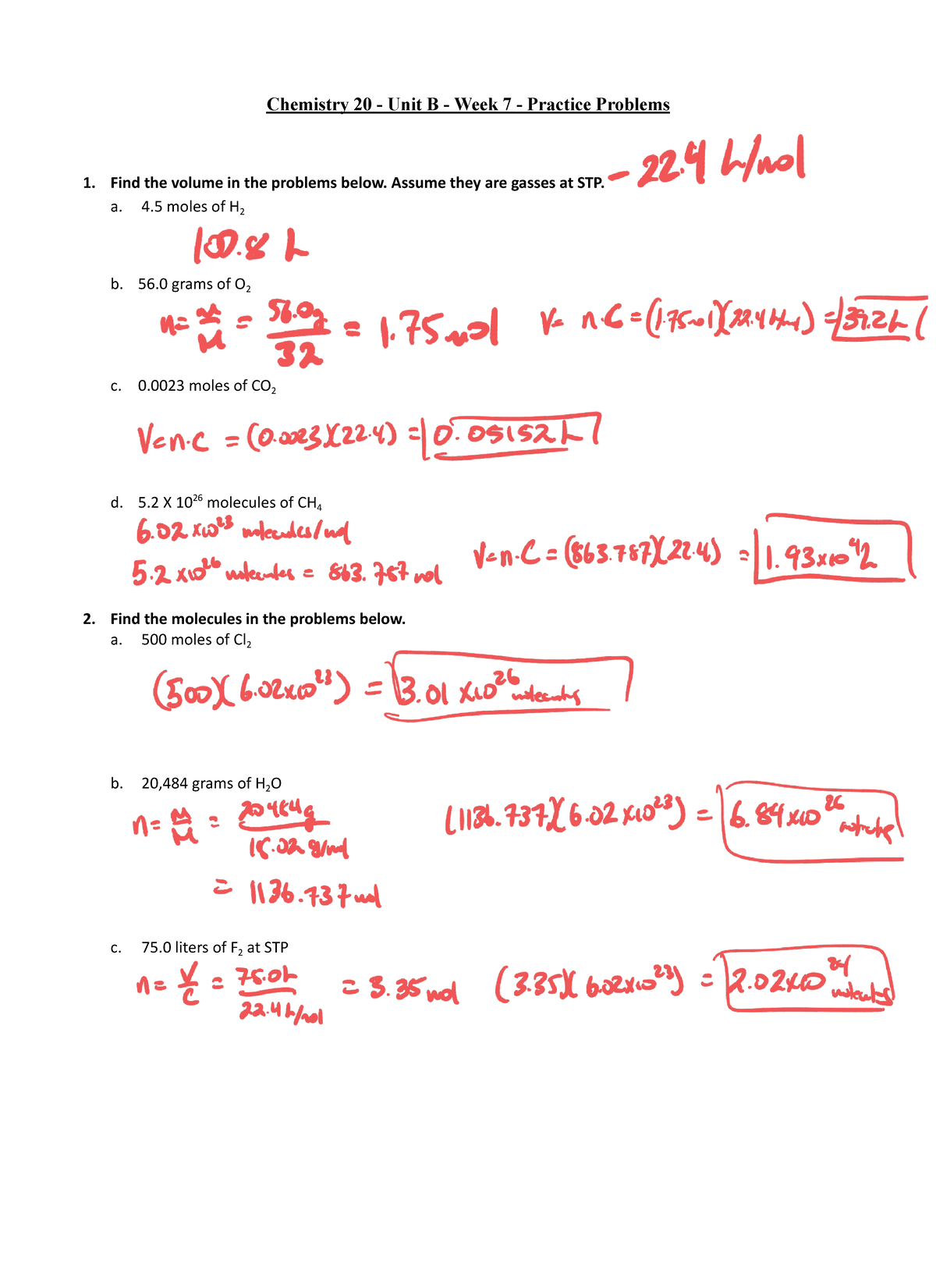 Chemistry 20 - Unit B - Week 7 Practice Problems Review Key - Studocu