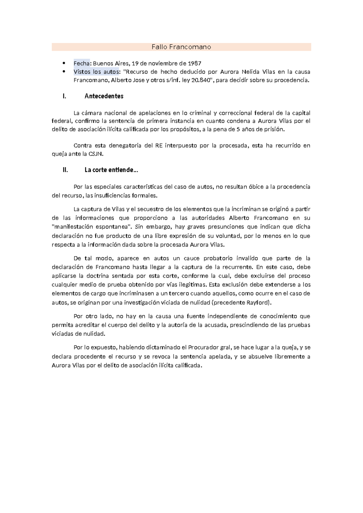 Recurso de Queja sobre el Fallo Francomano en Caso Vilas vs. Francomano ...