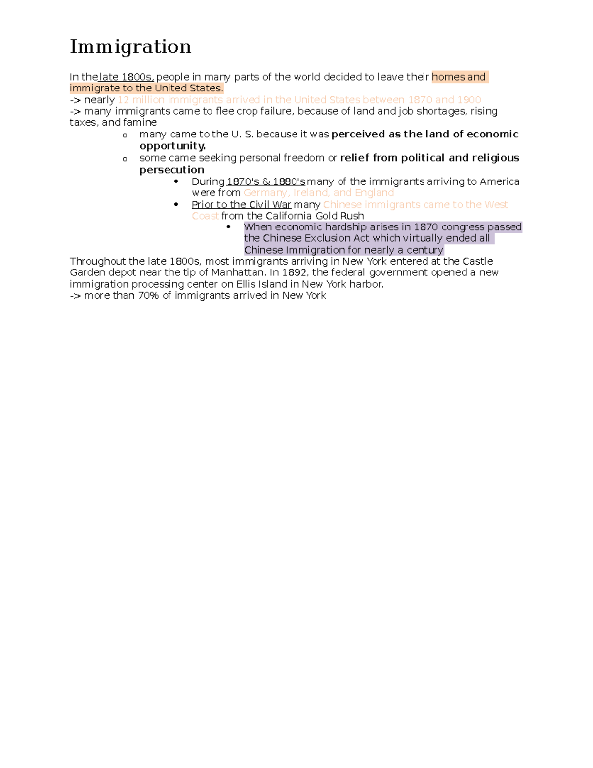 US Immigration in the Late 1800s: Causes and Key Events - Studocu