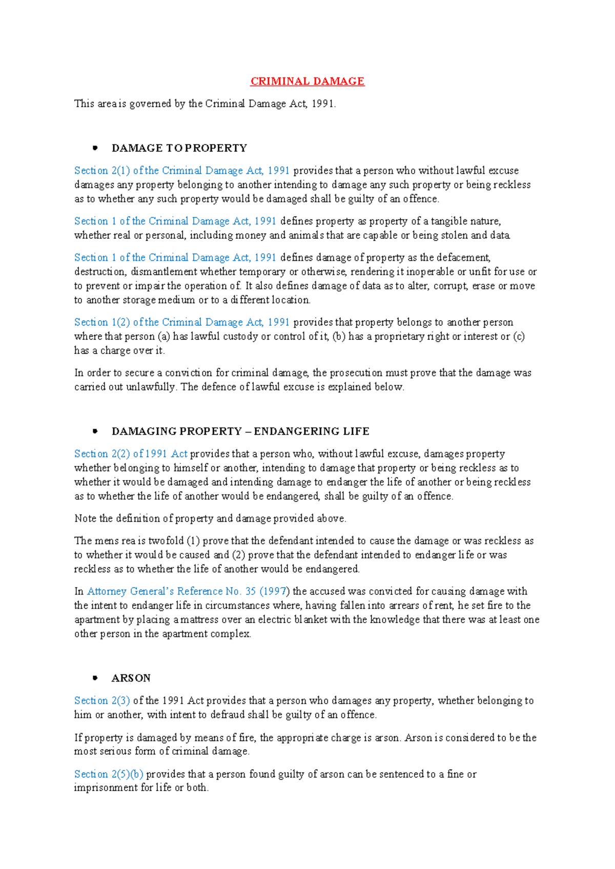 Criminal Damage Act Overview: Key Sections and Offences - Studocu