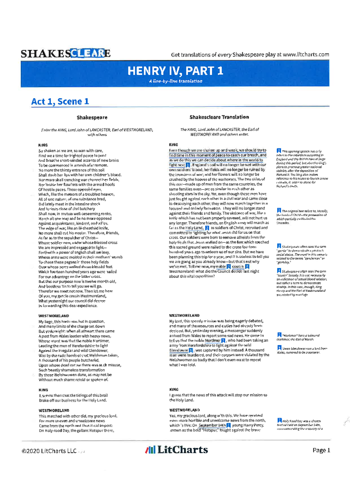 SHAKE CLEAR: Translation of Henry IV, Part 1, Act 1, Scene 1 - Studocu