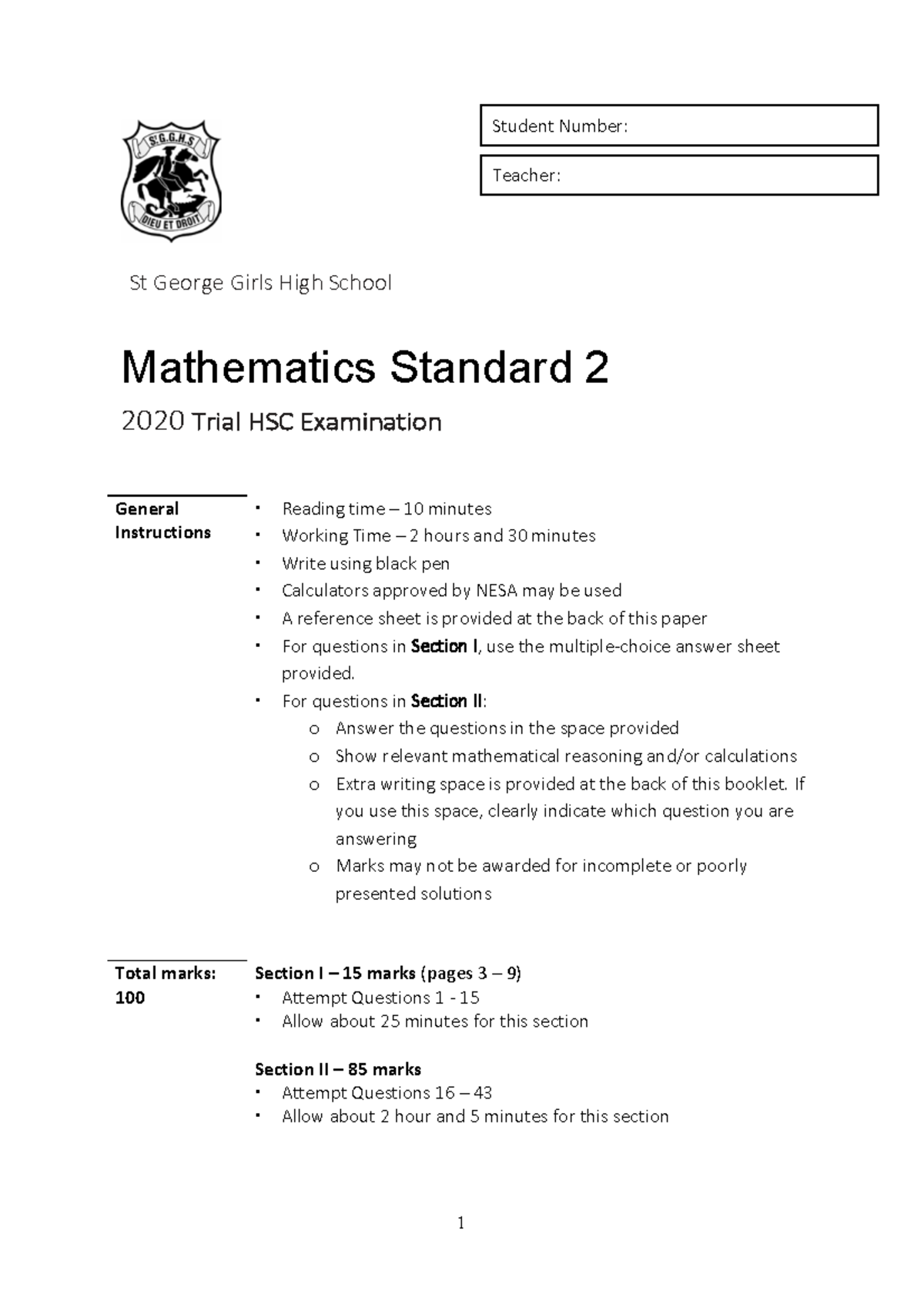 St George Girls High School 2020 Standard Maths Trial Exam Solutions ...