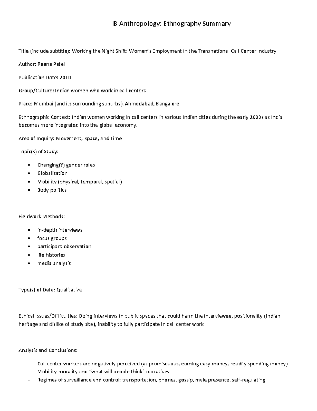 IB Anthropology: Ethnography on Women in Call Centers (Final Exam) - IB ...