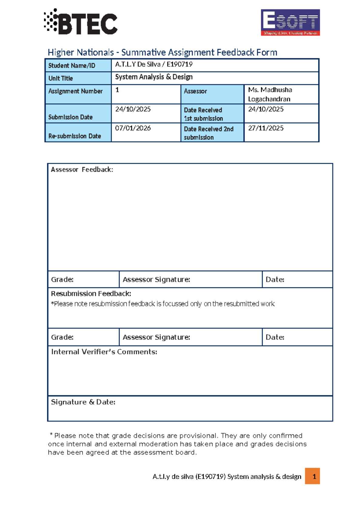 SAD Unit 35: System Analysis Design Assignment Feedback Form for A.T.L ...
