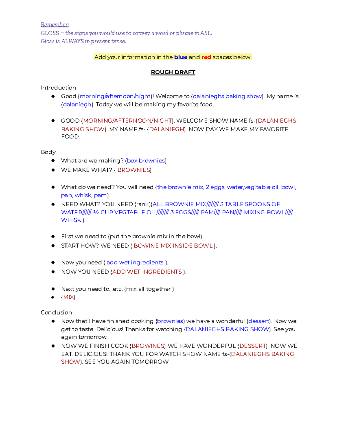ASL Recipe Draft: Brownies for Dalanie's Baking Show - Studocu