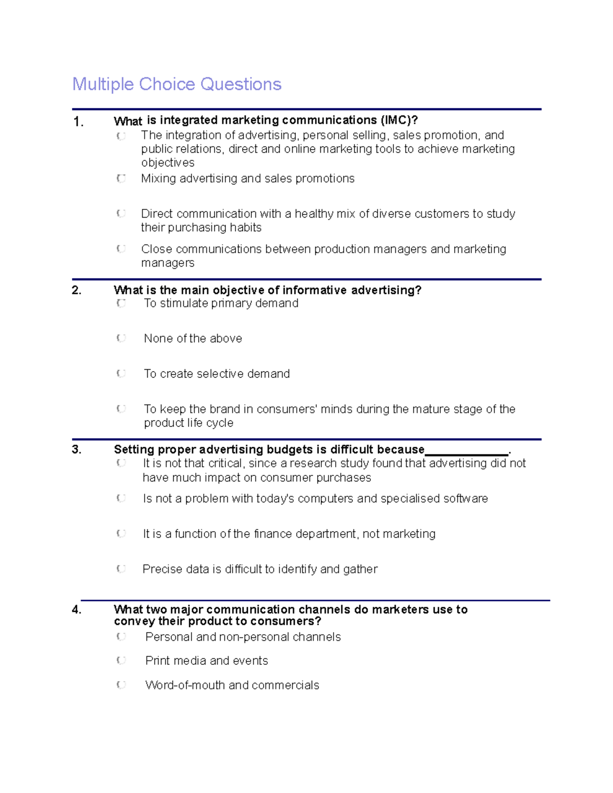 IMC 101: Multiple Choice Questions for Integrated Marketing ...