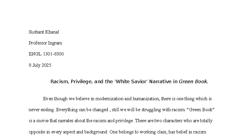 ENGL 8 Final Essay: Racism and Privilege in Green Book - Studocu