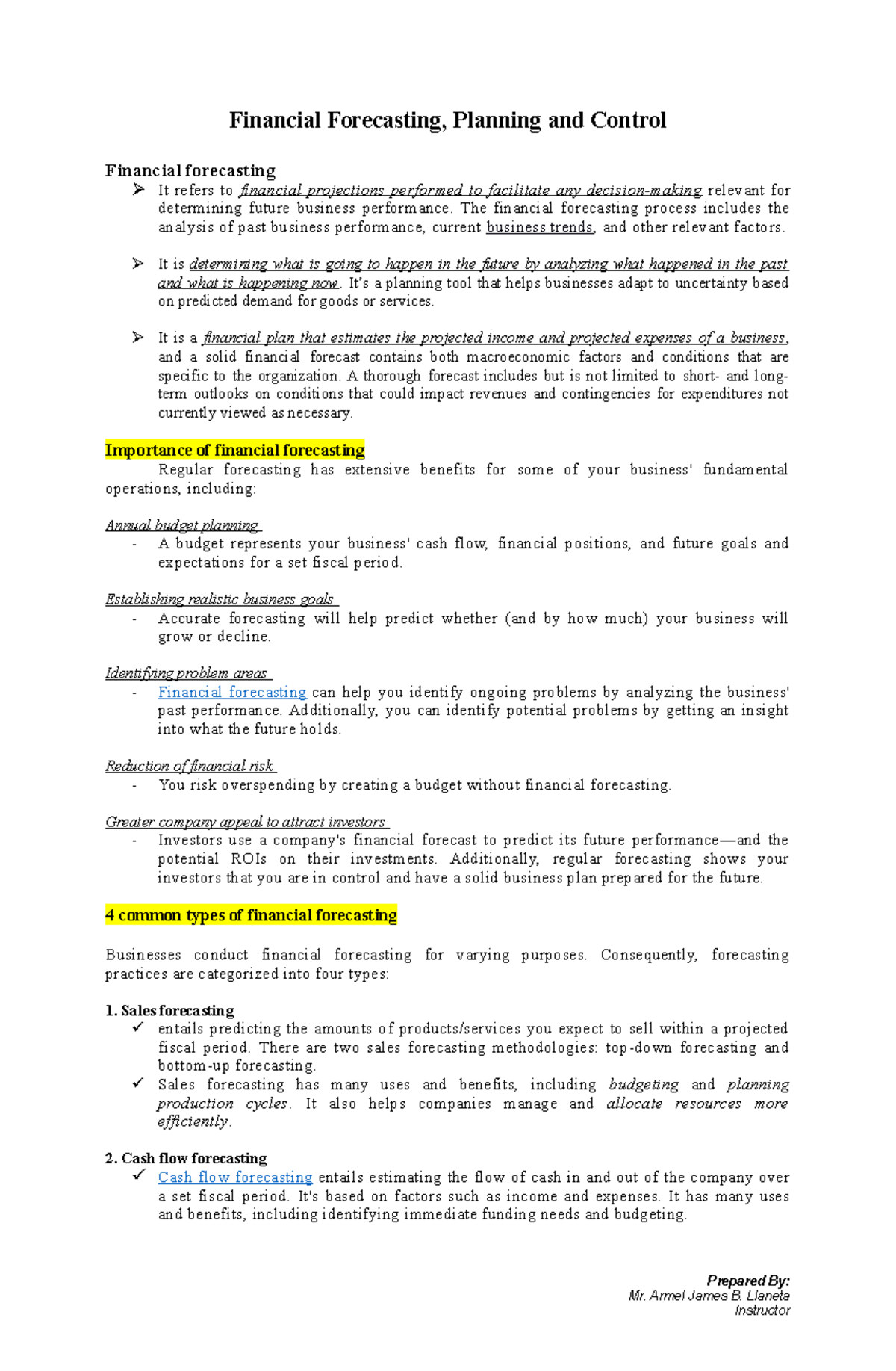 Module 9: Financial Forecasting - Planning & Control Insights - Studocu