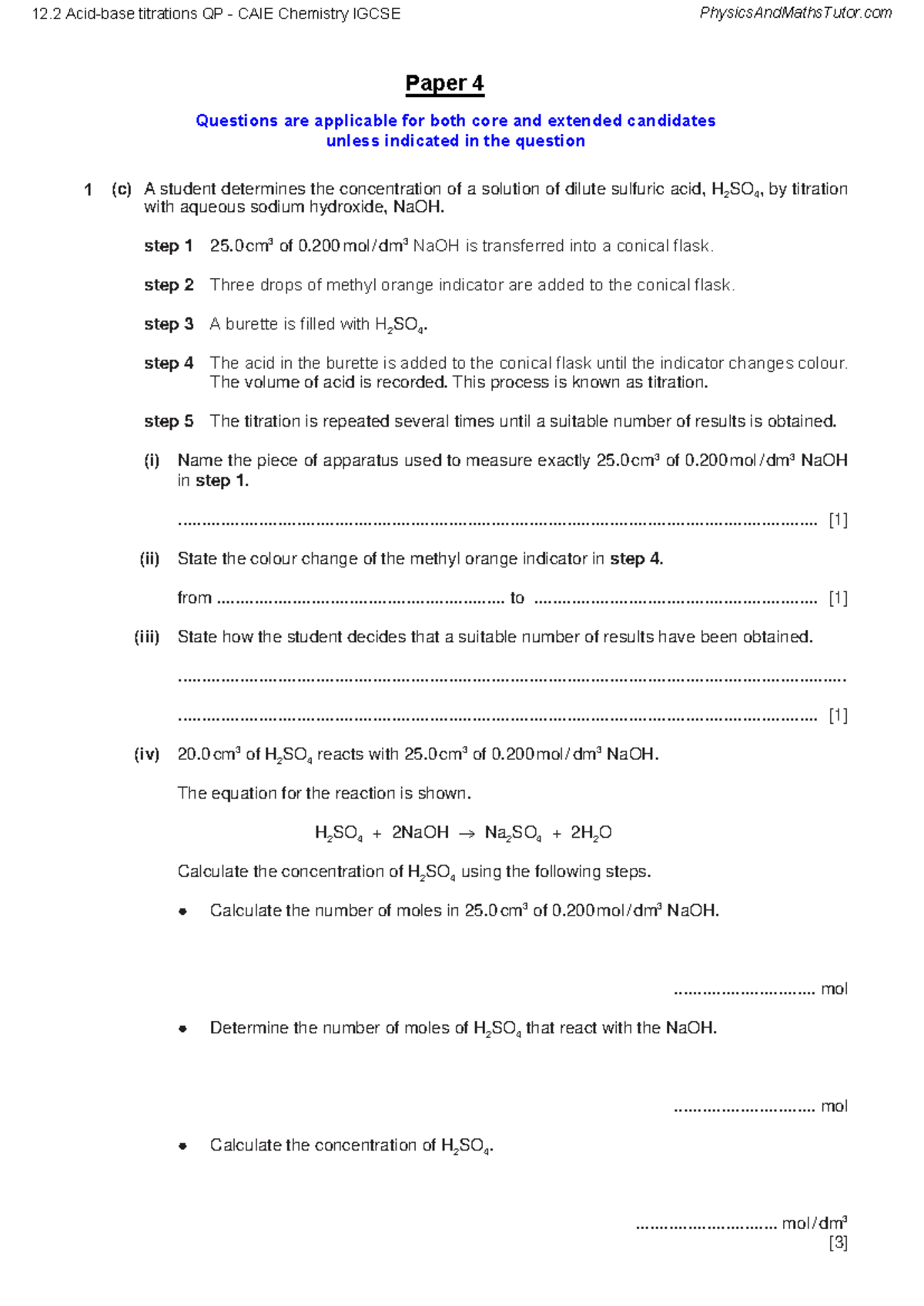 12.2 CAIE Chemistry IGCSE Paper 4 Titration Practice QP - Studocu
