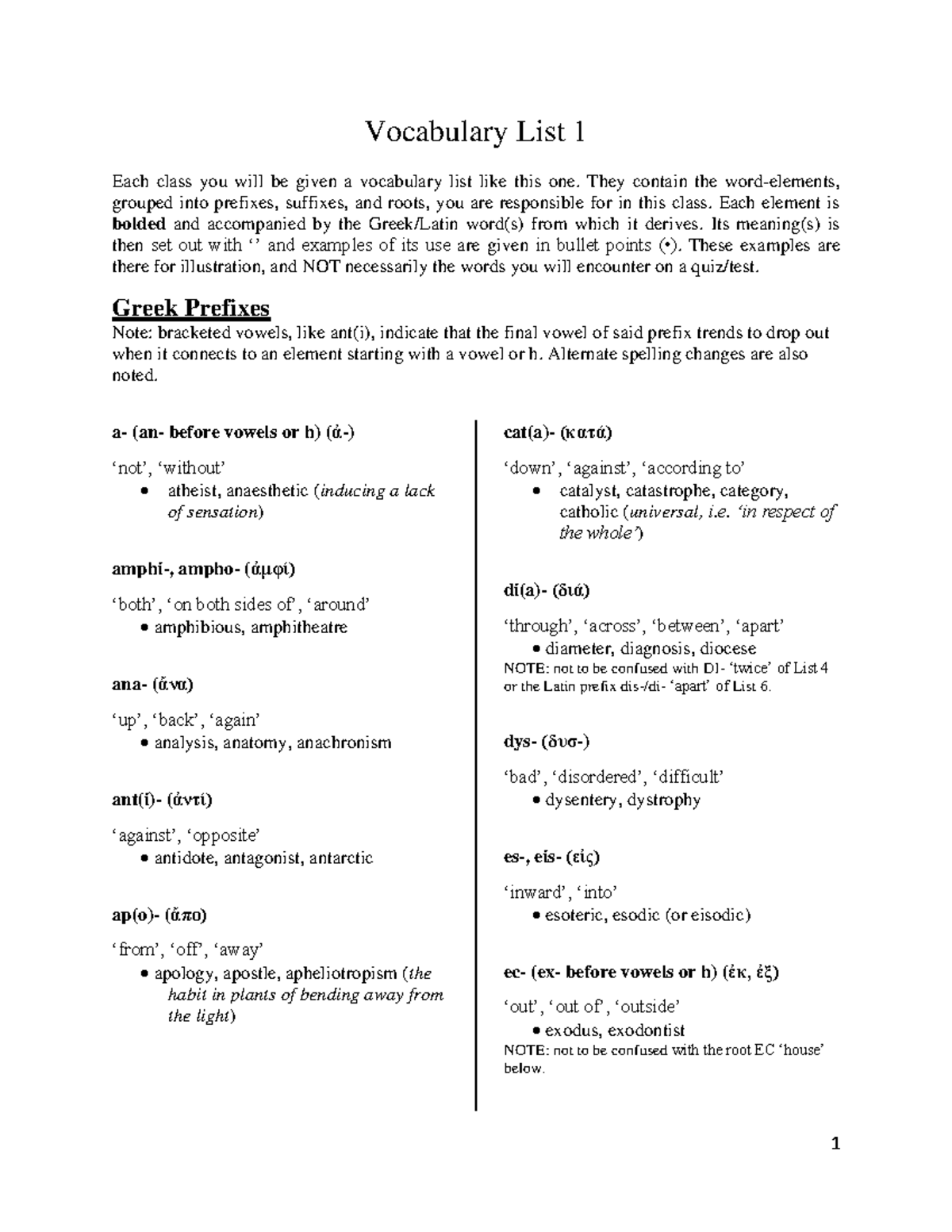 Vocabulary List 1 - Greek Prefixes and Roots - Studocu