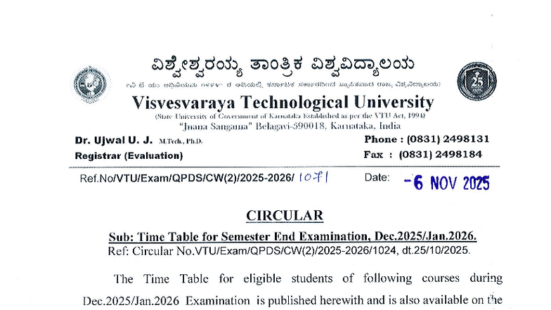 Time Table for Semester End Exams - VTU 2022/2021 Schemes - Studocu