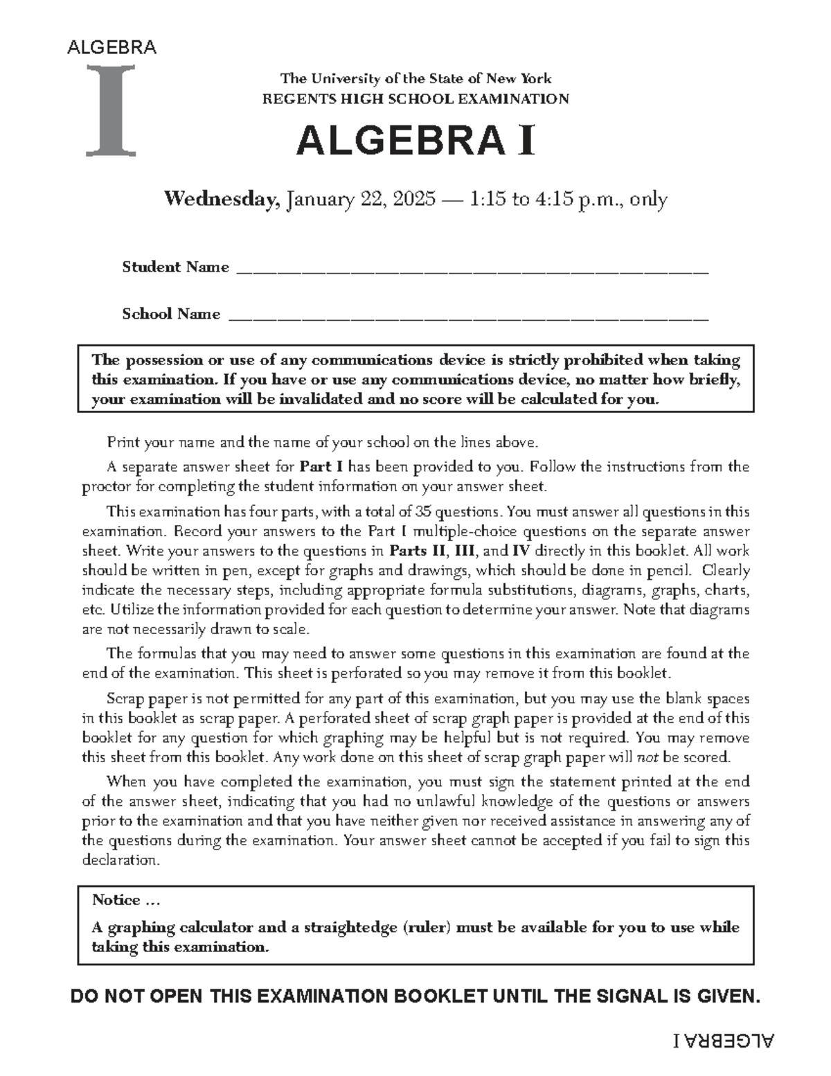 Algebra I Regents Exam - January 2025: Comprehensive Review Guide - Studocu
