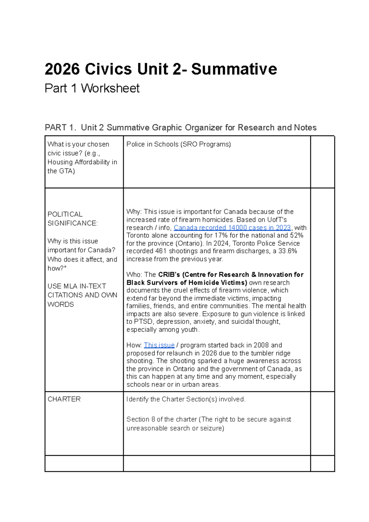 2026 Gr. 10 Civics Unit 2 Summative Worksheet: Police in Schools Issue ...