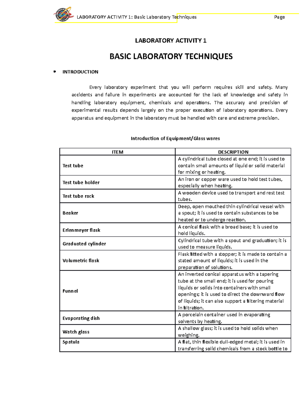 Chemistry Lab Report (BSES-1): Basic Laboratory Techniques Experiment 1 - Studocu
