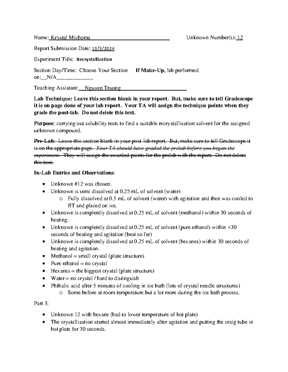 Recrystallization Post-Lab Report for Unknown #12 - Chemistry 101 - Studocu