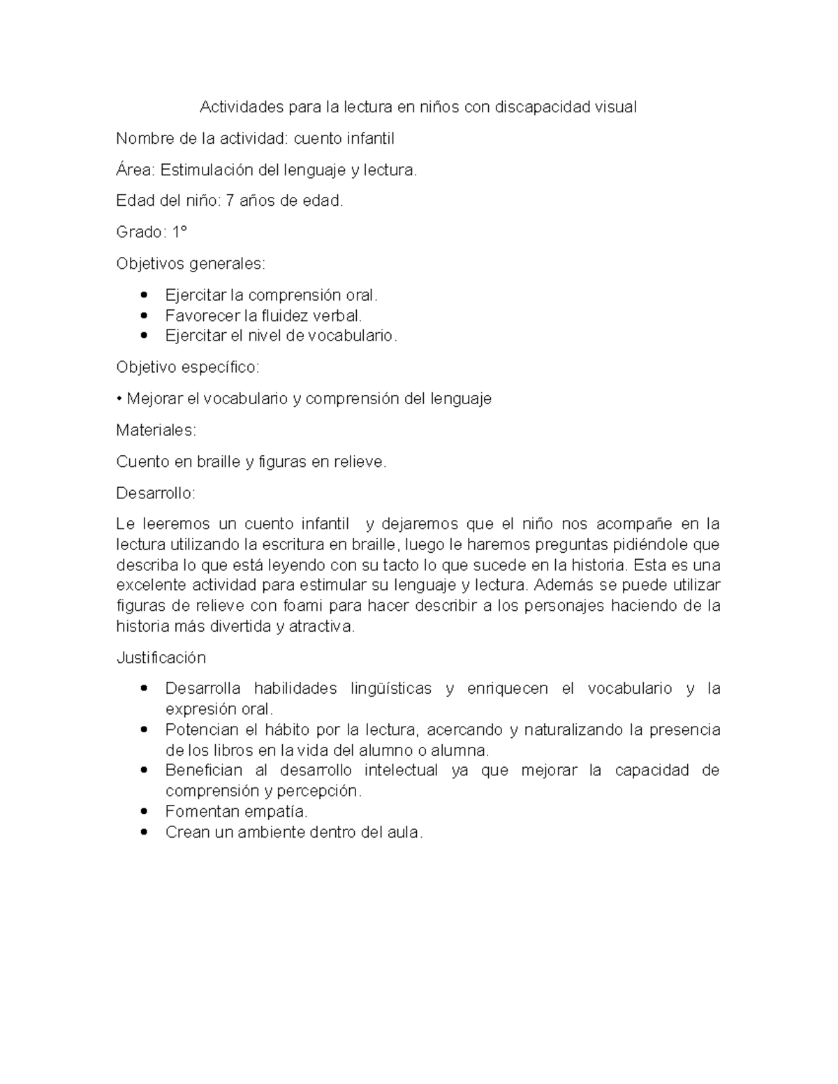 Actividades para la Lectura en Niños con Discapacidad Visual - Grado 1 ...