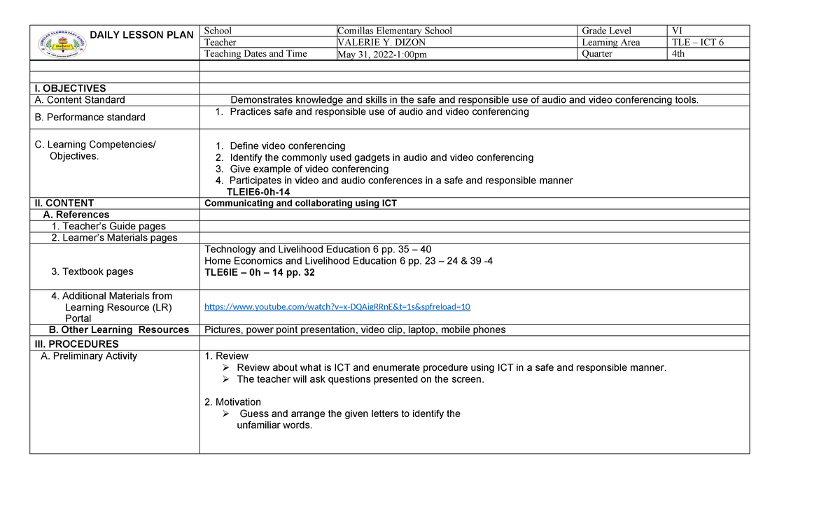 TLE 6 ICT Daily Lesson Plan: Video Conferencing Skills and Safety - Studocu