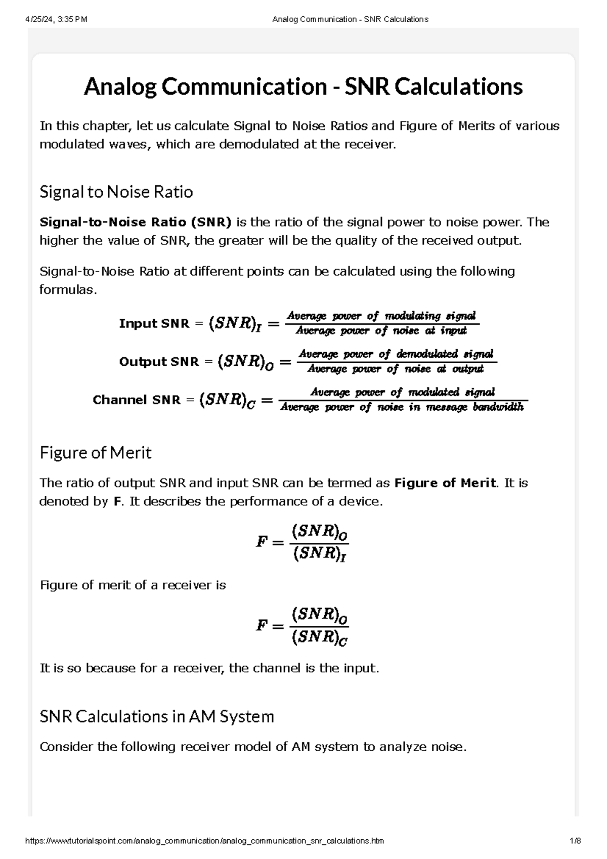 Analog Communication SNR Calculations in AM, DSBSC, SSBSC Systems - Studocu