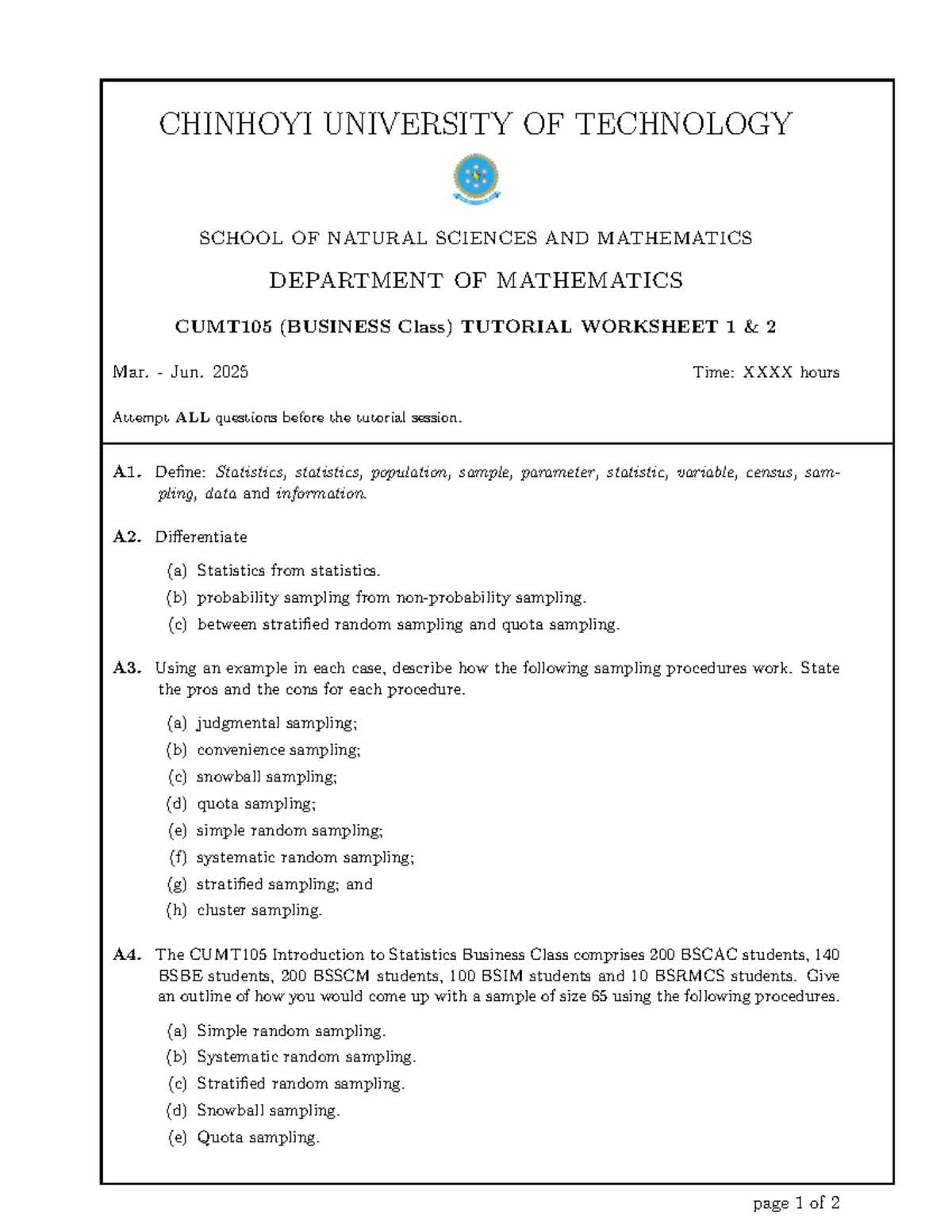CUMT105 Tutorial Worksheet 1: Intro to Statistics & Data Collection ...