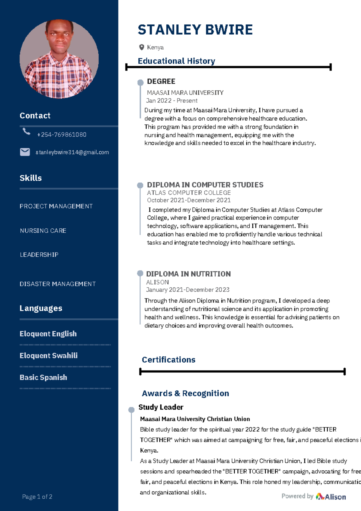 CV 2 - MINE - Skills Contact Languages Educational History Eloquent ...