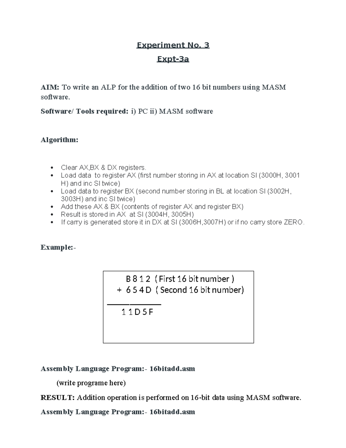 Expt 3 16bit add-sub - Practical question and answer - B 8 1 2 ( First ...