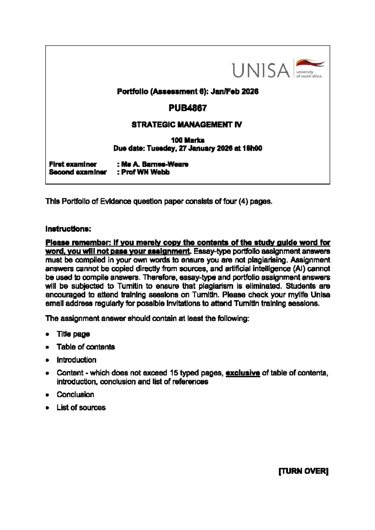 PUB4867 2026 Strategic Management IV Portfolio of Evidence Assignment ...