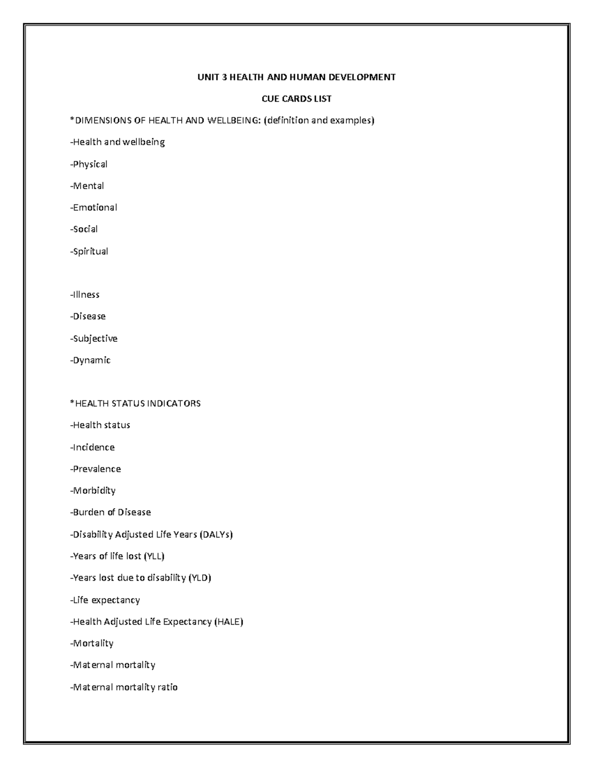 Cue%20card%20definitions%20 - UNIT 3 HEALTH AND HUMAN DEVELOPMENT CUE ...