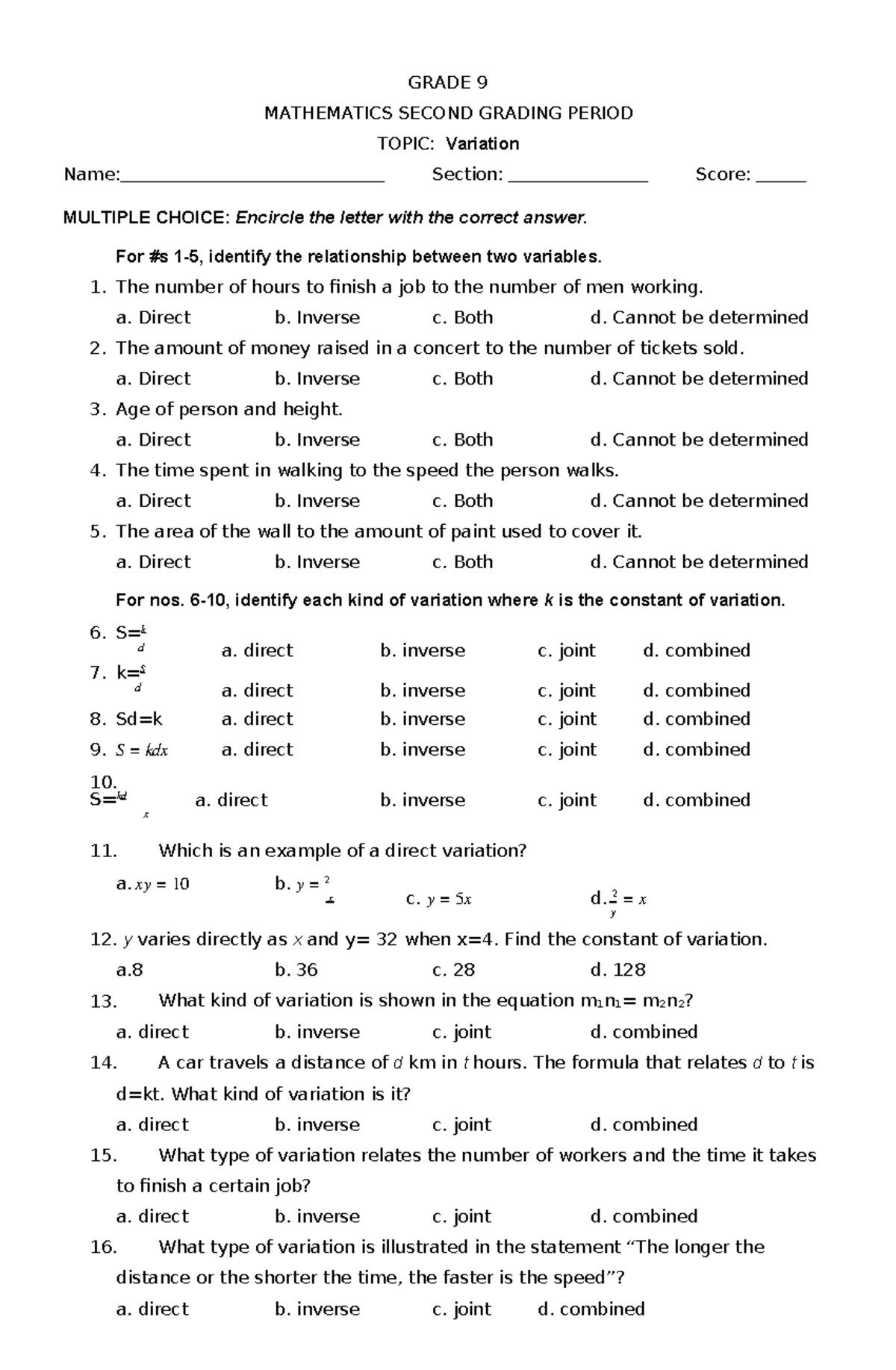 GRADE 9 MATHEMATICS 2ND GRADING PERIOD: Variation Test Questions - Studocu