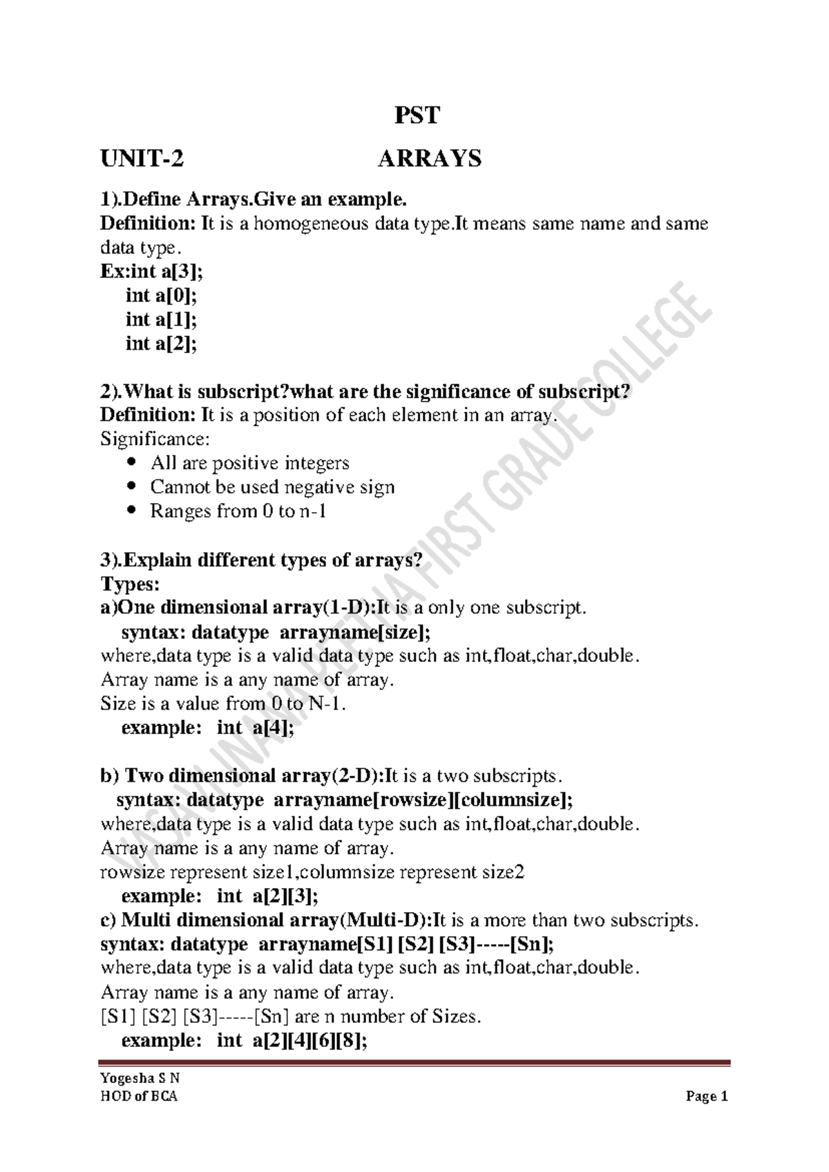 PST- Arrays AND Pointers - Yogesha S N PST UNIT-2 ARRAYS 1).Define ...