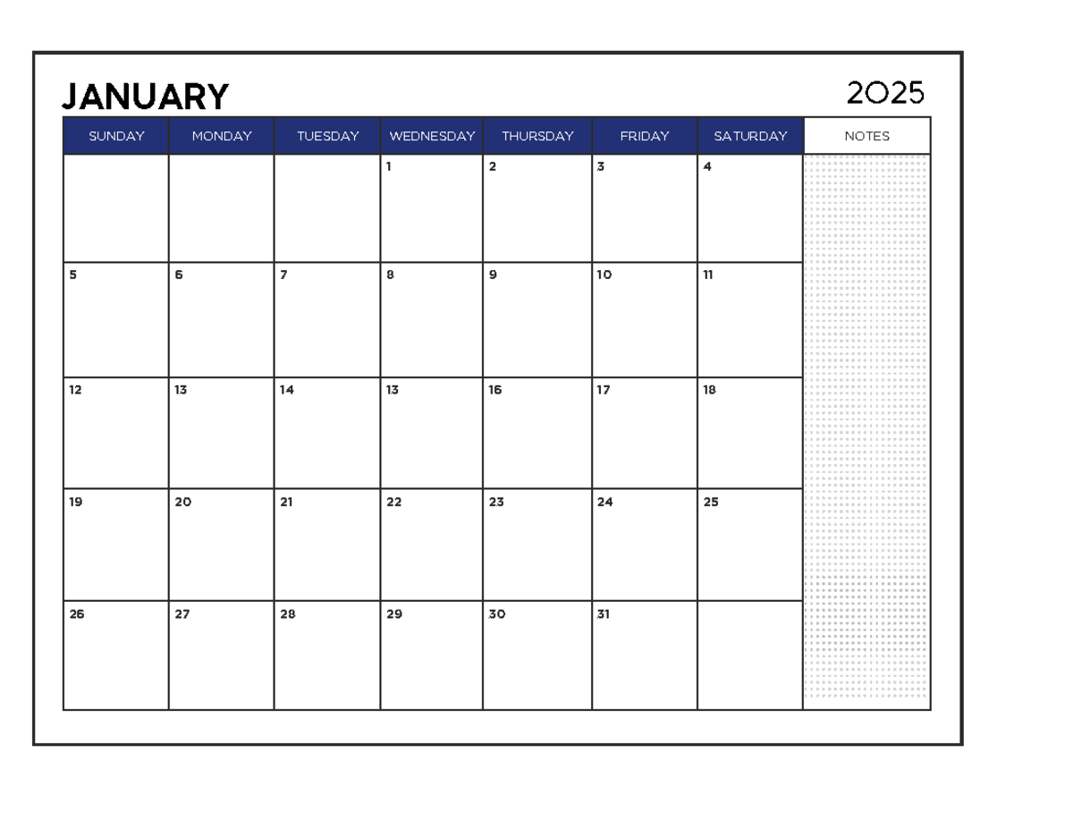2025 Calendar Sample (11 x 8.5 in) - SUNDAY MONDAY TUESDAY WEDNESDAY ...