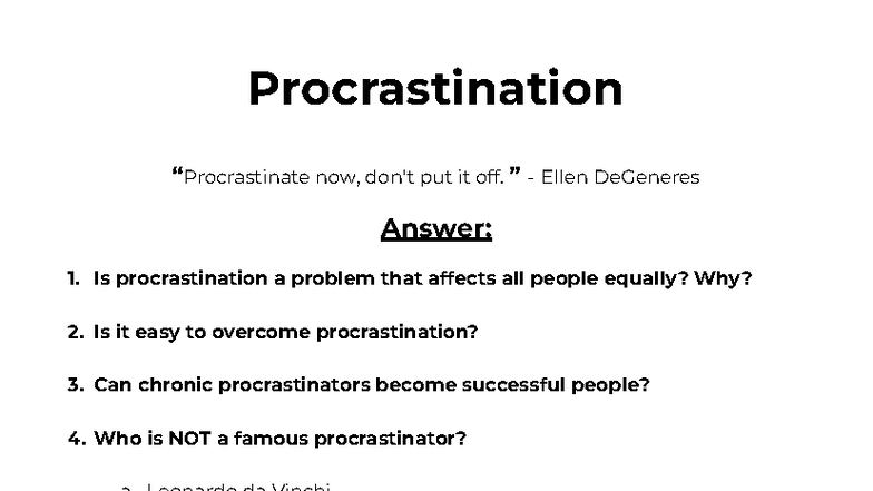 Procrastination Worksheet: Understanding and Overcoming Delays - Studocu