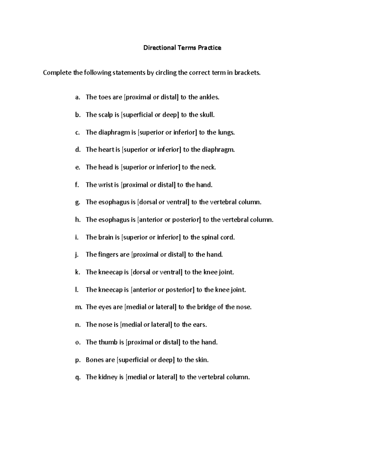 Directional Terms Quiz Practice (BIOL 101) - Studocu