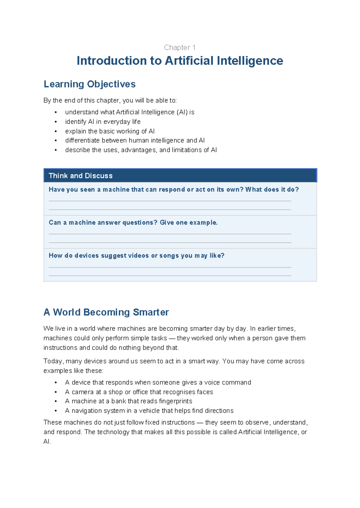 Chapter 1: Introduction to AI - Learning Objectives and Applications ...