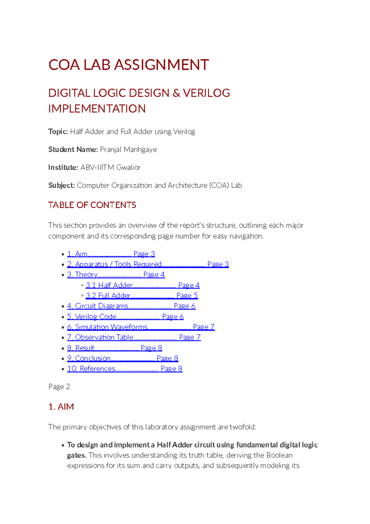 COA Lab Assignment: Verilog Implementation of Half and Full Adders ...