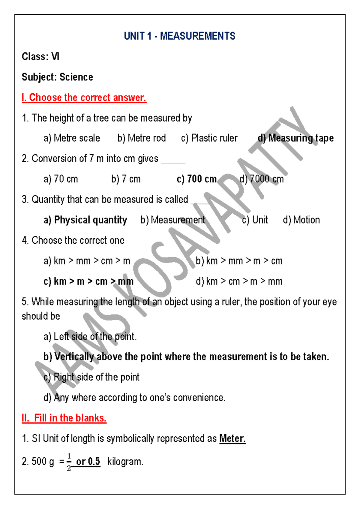 6 SCI UNIT 1 - Measurements: Easy Notes for Class VI Science - Studocu