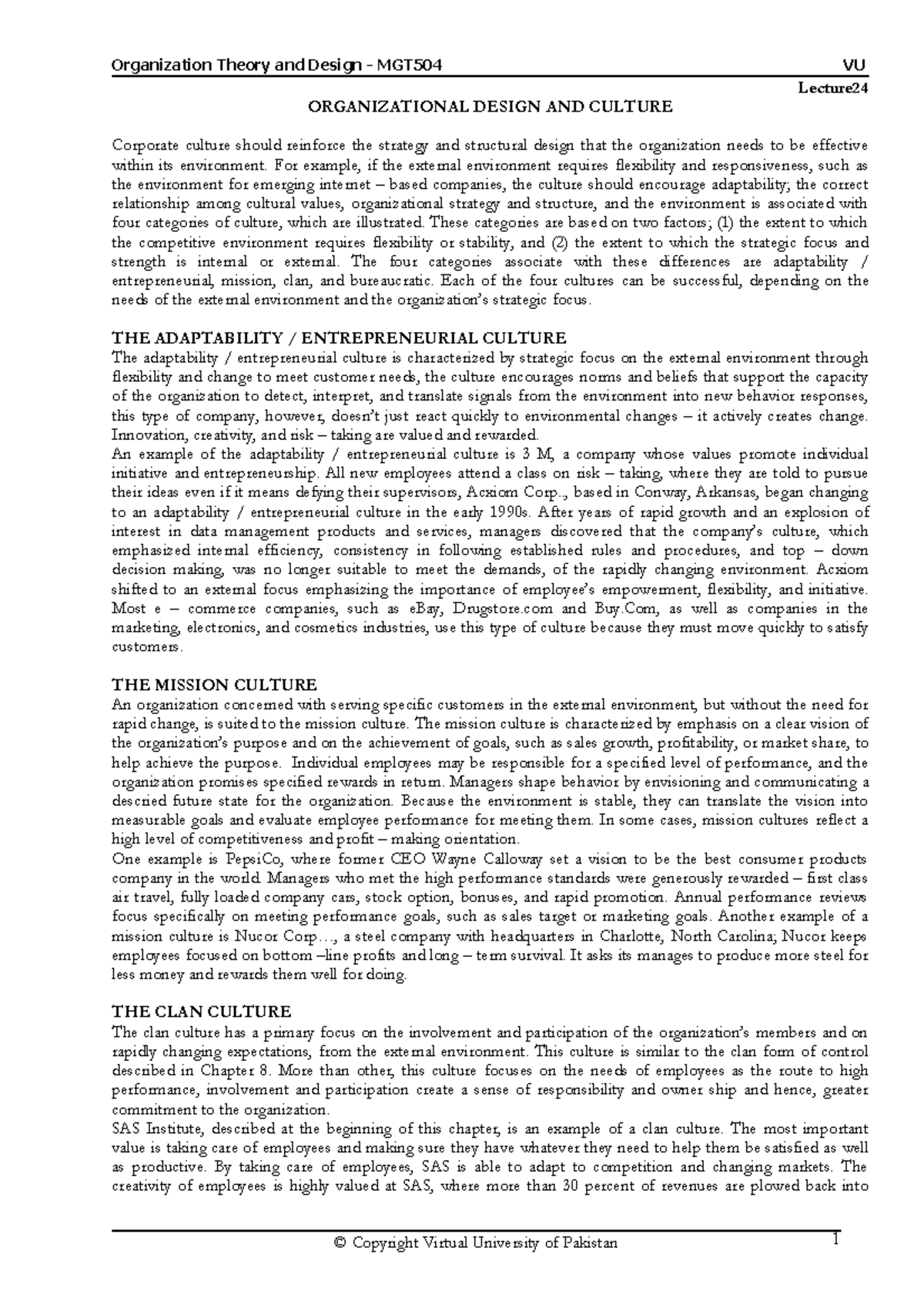 Organization Theory and Design MGT504 VU Lecture 24: Org Design ...