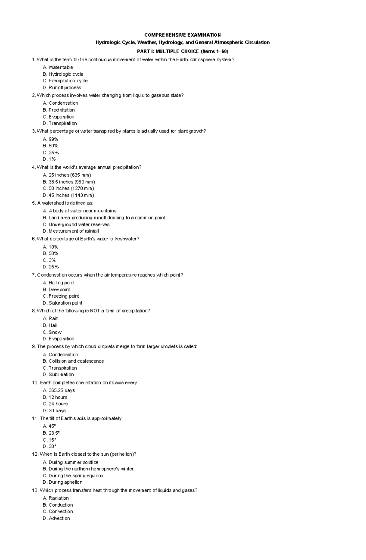 200-Item Exam: Hydrologic Cycle, Weather, and Atmospheric Circulation ...