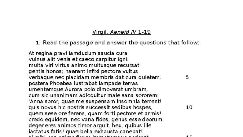 Aeneid IV 1-19 Test: Questions on the Text Analysis - Studocu