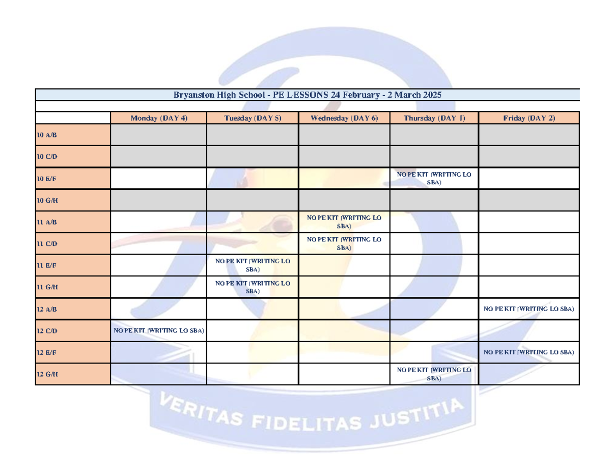 PE Schedule 24 FEB - 2 MAR 2025 - Monday (DAY 4) Tuesday (DAY 5 ...