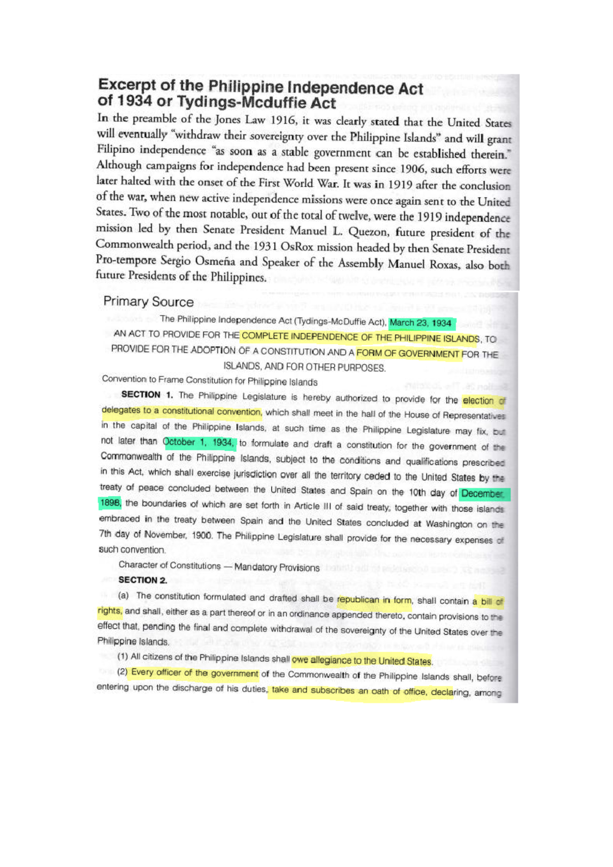 Tydings Mc Duffie 1934 Act - Excerpt of the Philippine Independence Act of 1934 or Act In the ...