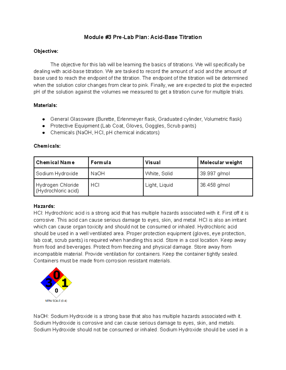 Module 3 Prelab: Acid Base Titration - Module #3 Pre-Lab Plan: Acid ...