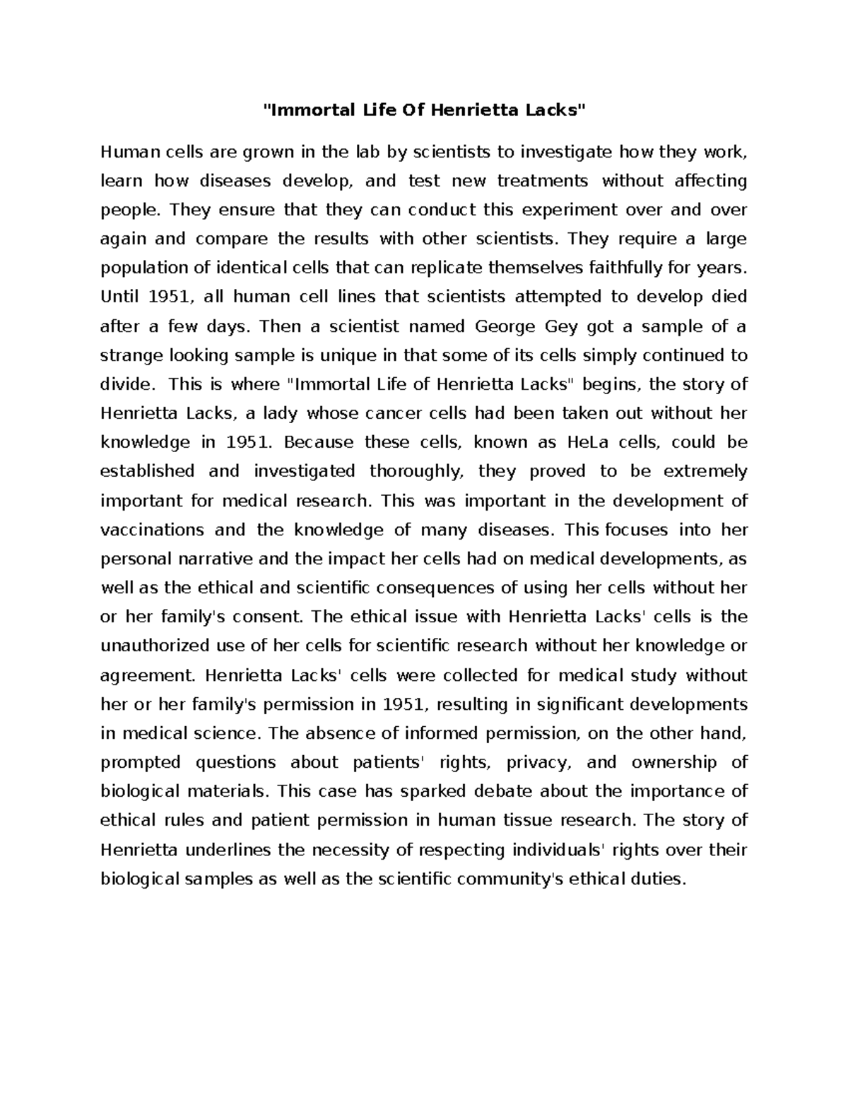 The Impact of Henrietta Lacks' Cells on Medical Research Ethics - Studocu