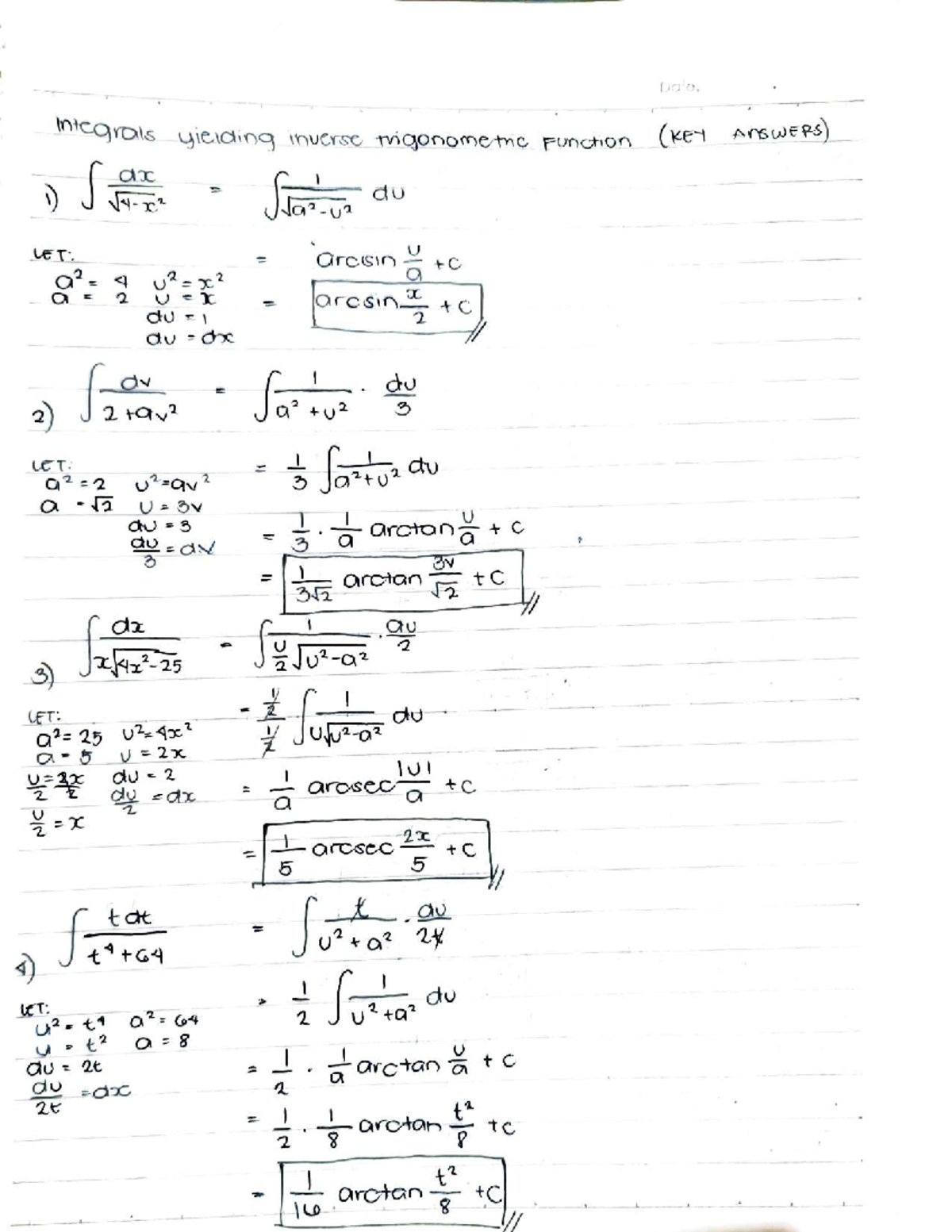 Inverse Trigonometric Integral Answers for Calculus Course - Studocu