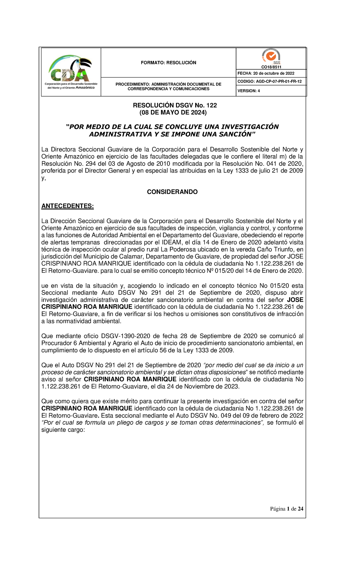 Resolución DSGV No. 122: Investigación Administrativa y Sanción ...