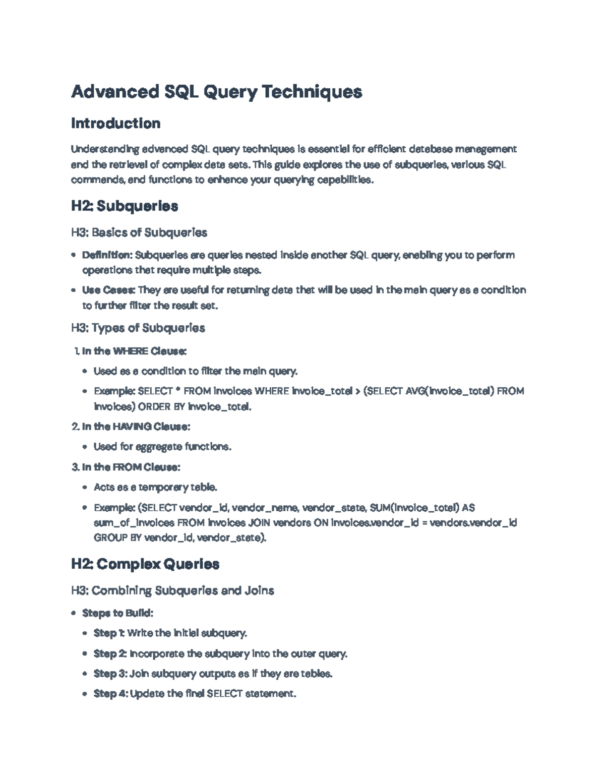 Advanced SQL Techniques: Subqueries, Joins, and Functions Guide - Advanced SQL Query Techniques ...
