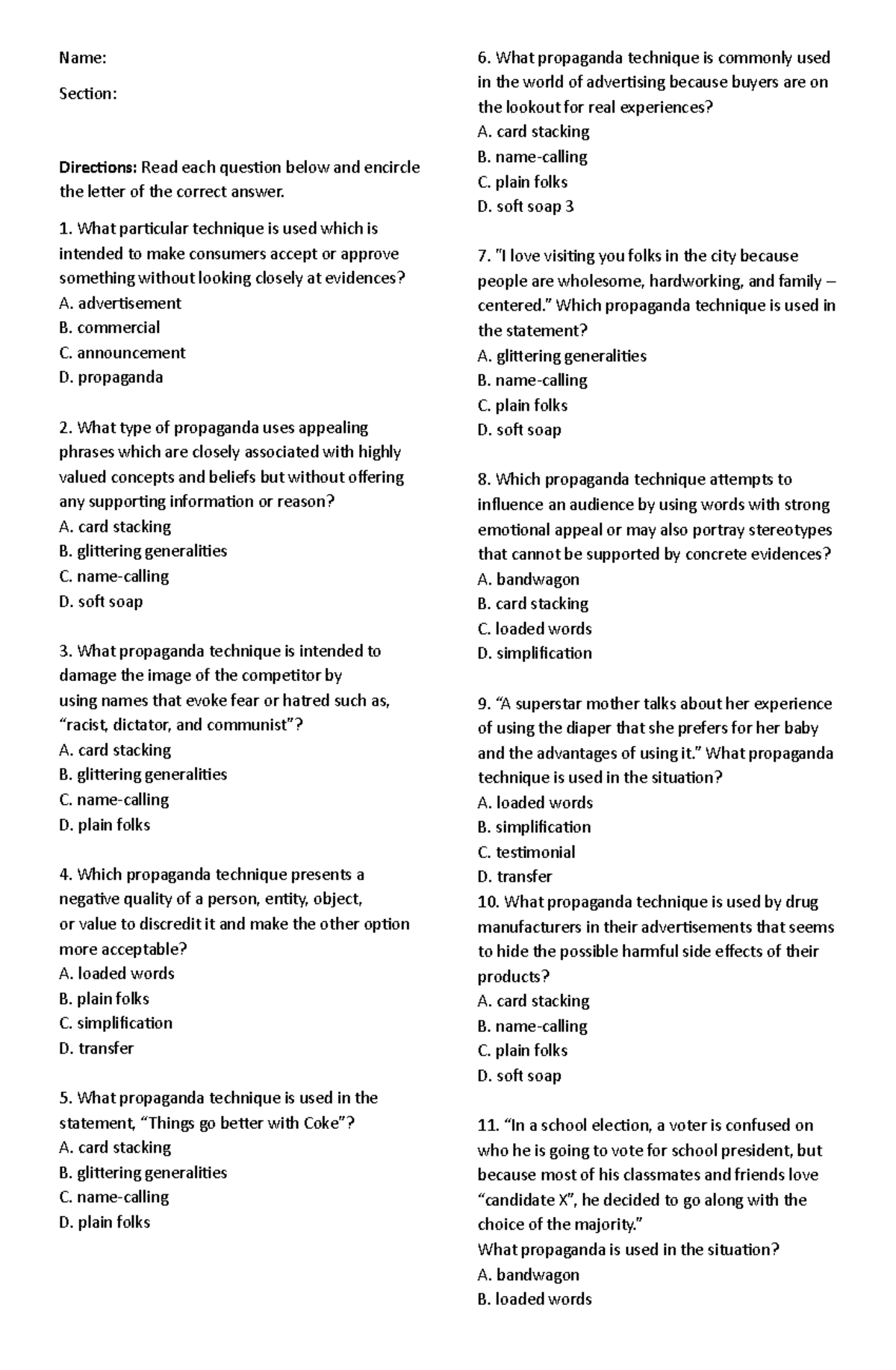 Propaganda quiz - sample only - Name: Section: Directions: Read each ...